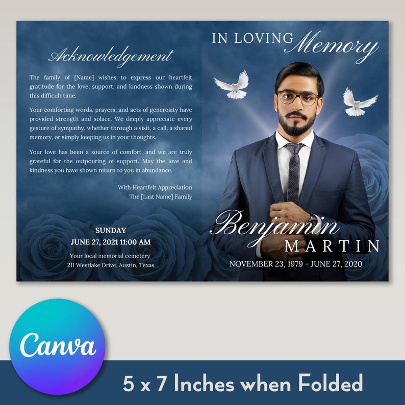 Elegant Blue Funeral Program Template: 8-page Memorial (8.5x11" Digital ...