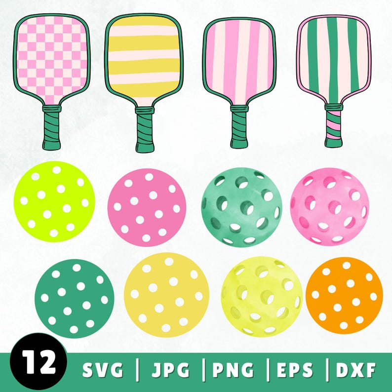 12 Pickleball Png Clip Art Paddle and Ball PNG Pattern Watercolor ...
