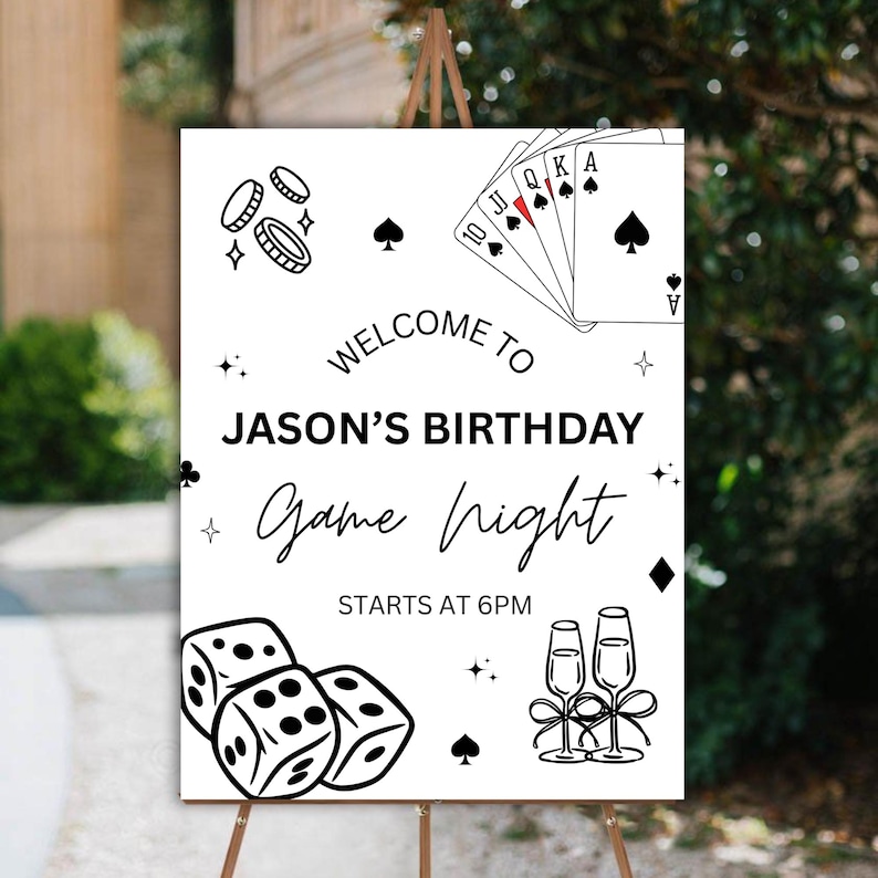 Games Night Birthday Party Sign, Casino Theme (canva Digital Download ...