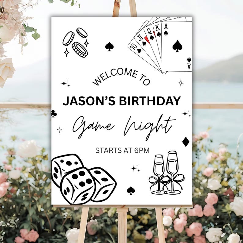 Games Night Birthday Party Sign, Casino Theme (canva Digital Download ...