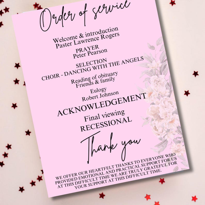 Pink Rose Funeral Program Template: Celebration of Life (canva Temp) - Etsy