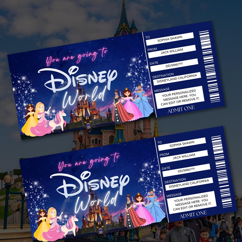 Editable Disneyland Disneyworld Ticket - Surprise Reveal Theme Park ...