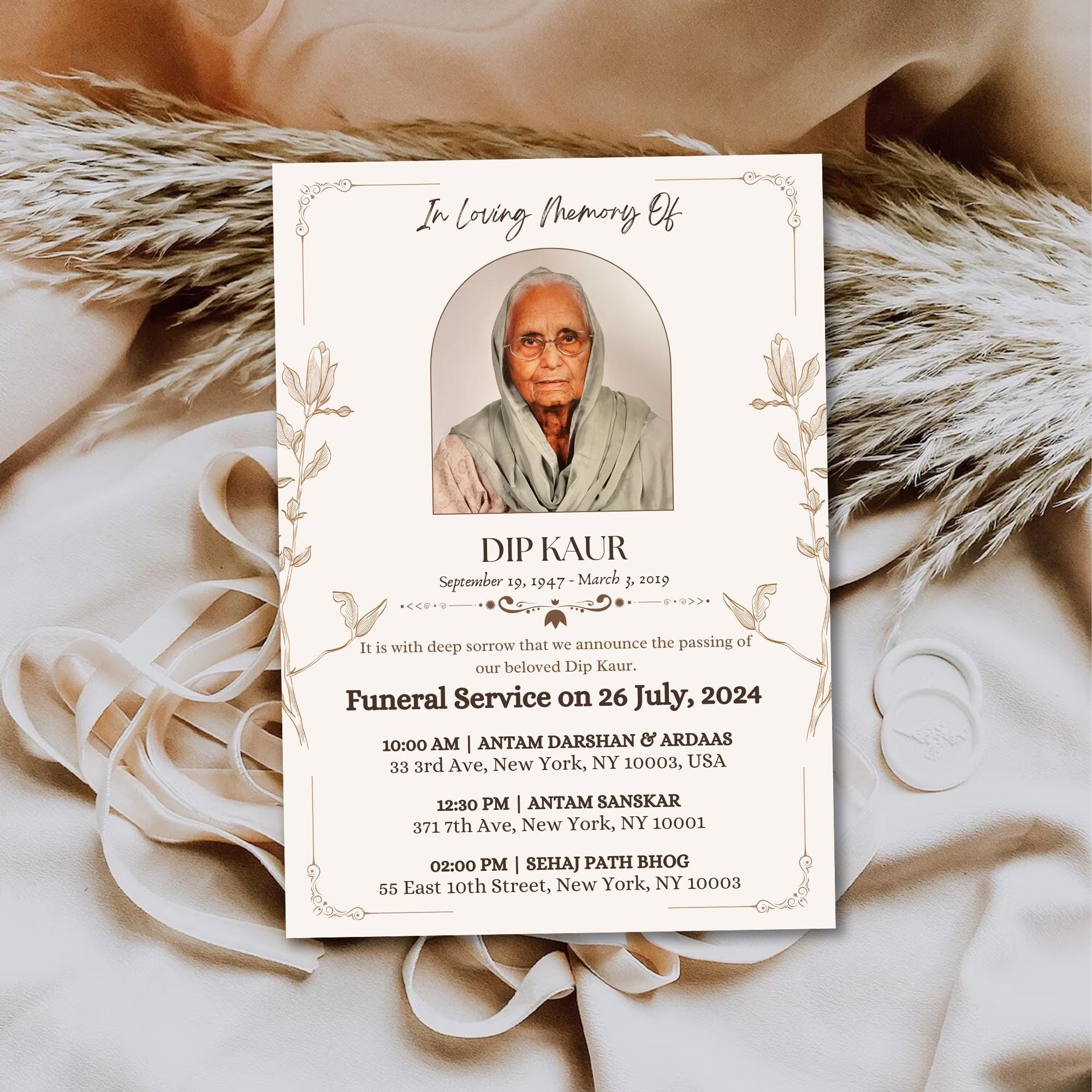 Minimalist Sikh Funeral Invitation Template: Editable Canva Design ...