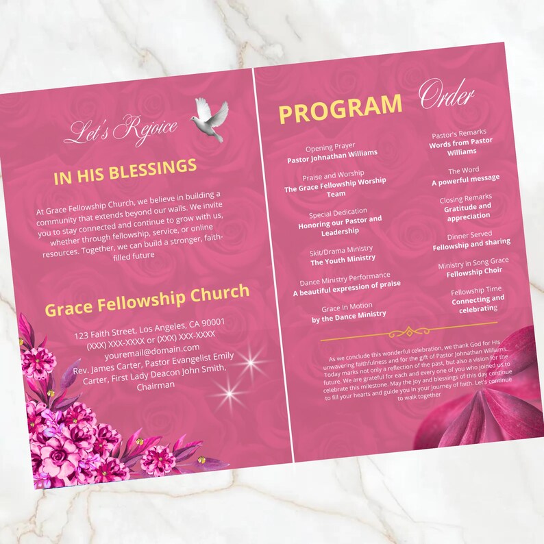 Pink Church Anniversary Program Template, Editable Bifold Design ...