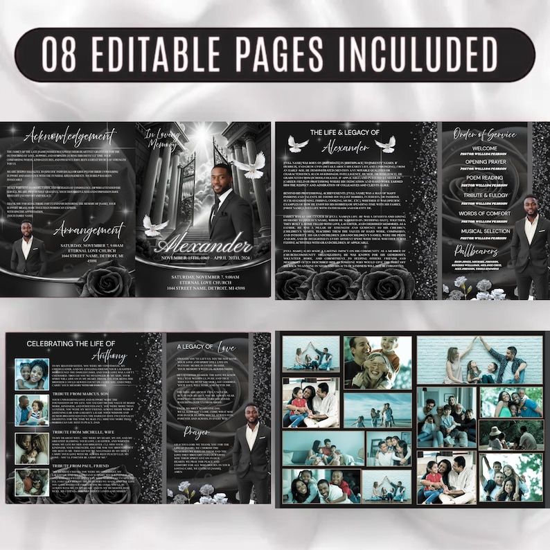 Black Roses Funeral Program Template, Elegant Obituary (PDF Download ...