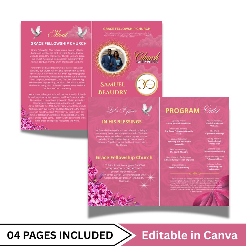 Pink Church Anniversary Program Template, Editable Bifold Design ...