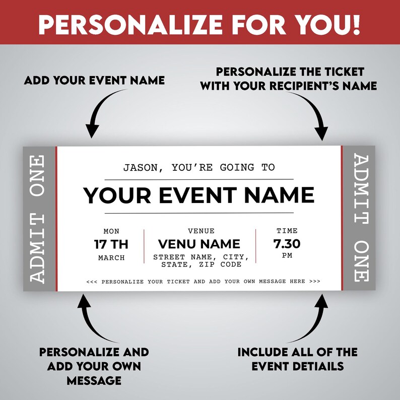 Editable Event Ticket Template: DIY Surprise Gift Ticket (5.25" X 2 ...