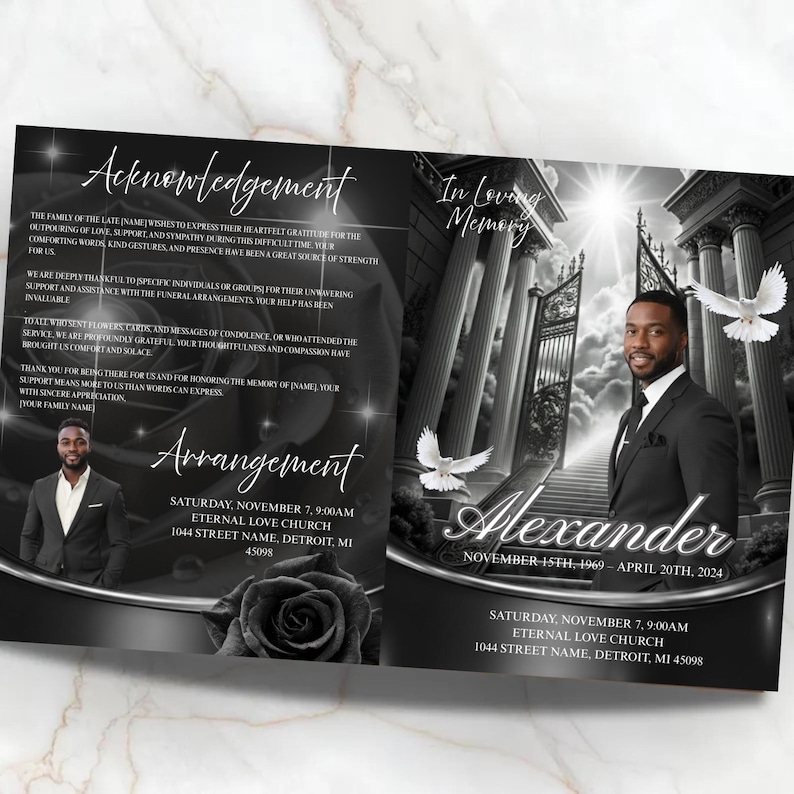 Black Roses Funeral Program Template, Elegant Obituary (PDF Download ...
