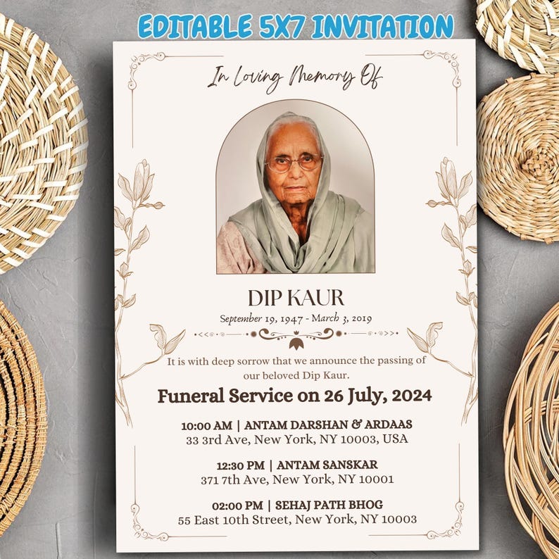 Minimalist Sikh Funeral Invitation Template: Editable Canva Design ...