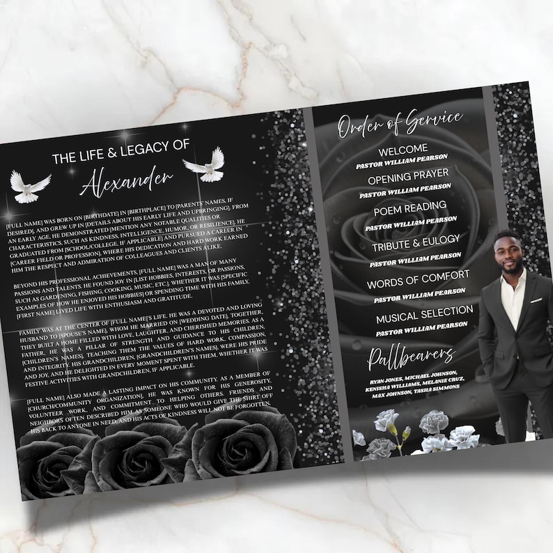 Black Roses Funeral Program Template, Elegant Obituary (PDF Download ...