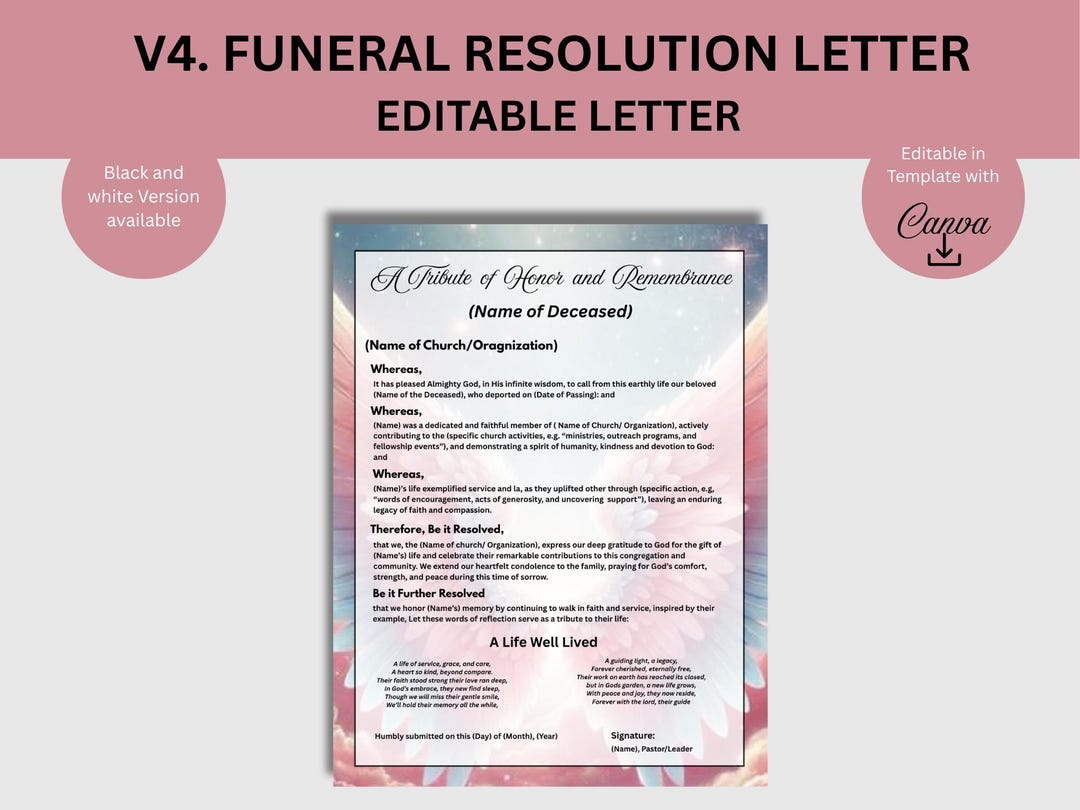Funeral Resolution Letter Template, Editable Memorial Tribute (digital ...
