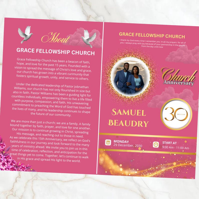 Pink Church Anniversary Program Template, Editable Bifold Design ...