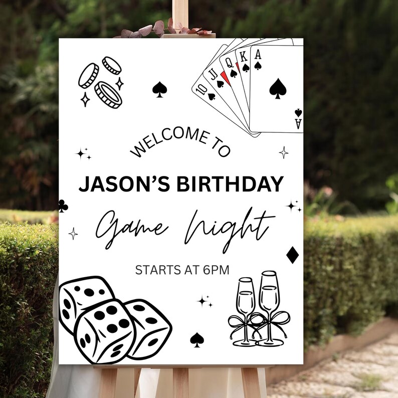 Games Night Birthday Party Sign, Casino Theme (canva Digital Download ...