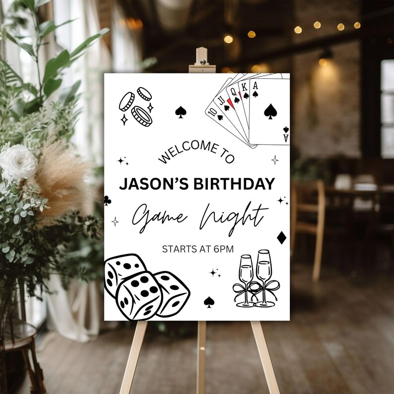 Games Night Birthday Party Sign, Casino Theme (canva Digital Download ...