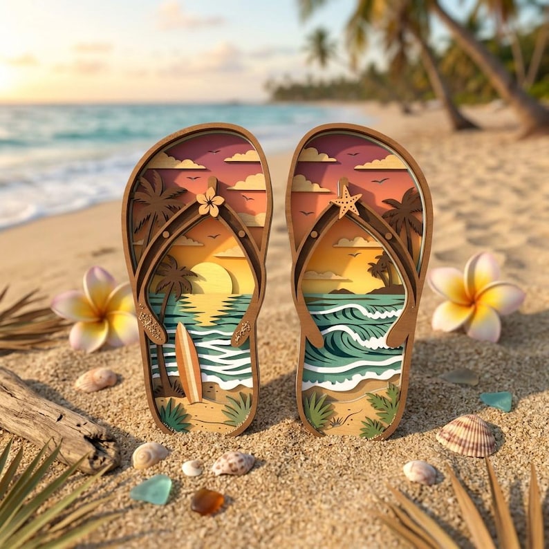 Flip Flop Beach SVG, Multilayer Summer Ocean Sunset Laser Cut File ...