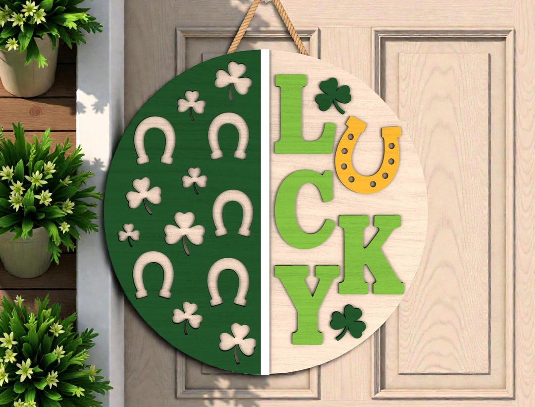 Lucky Door Hanger SVG, Horseshoe Shamrock Sign, St Patricks Day Laser ...