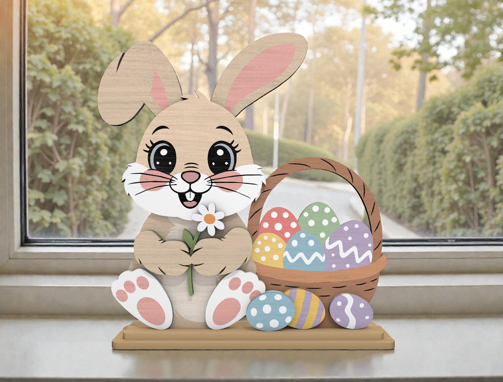 Easter Bunny With Egg Basket Layered Wood SVG, Cute Rabbit Holding ...