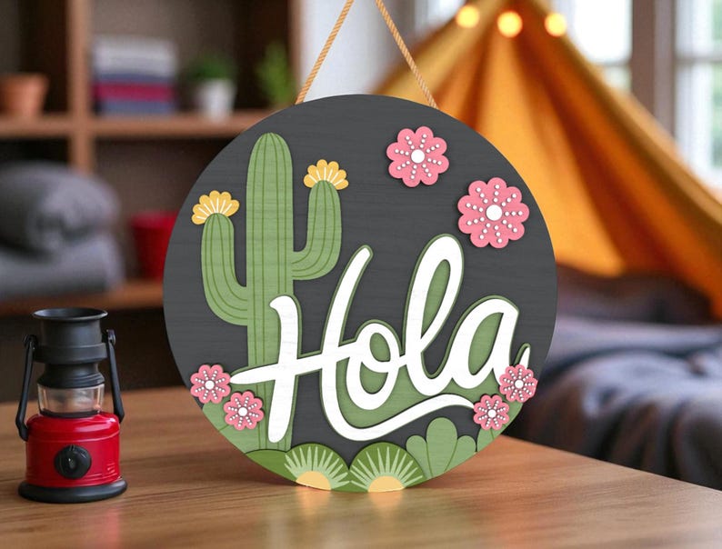 Cactus Flower Door Hanger Svg, Southwestern Welcome Sign Svg, Hola Svg ...