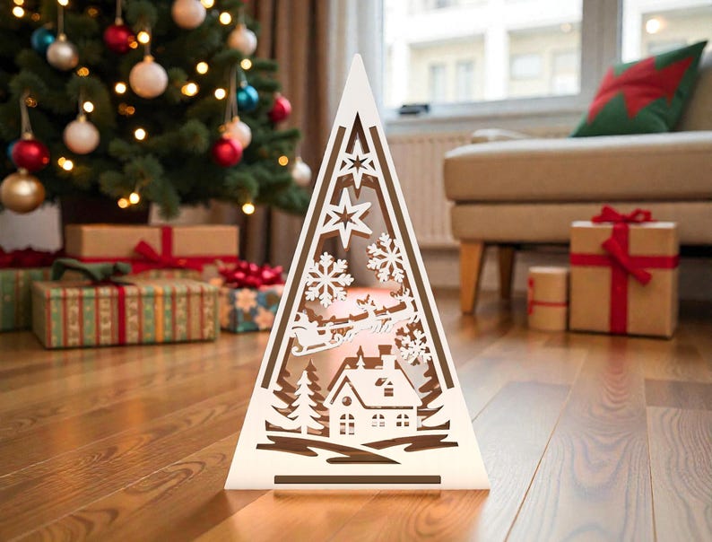 Christmas Santa Tree Lantern SVG, 3D Layered Triangle Light Box, Winter ...