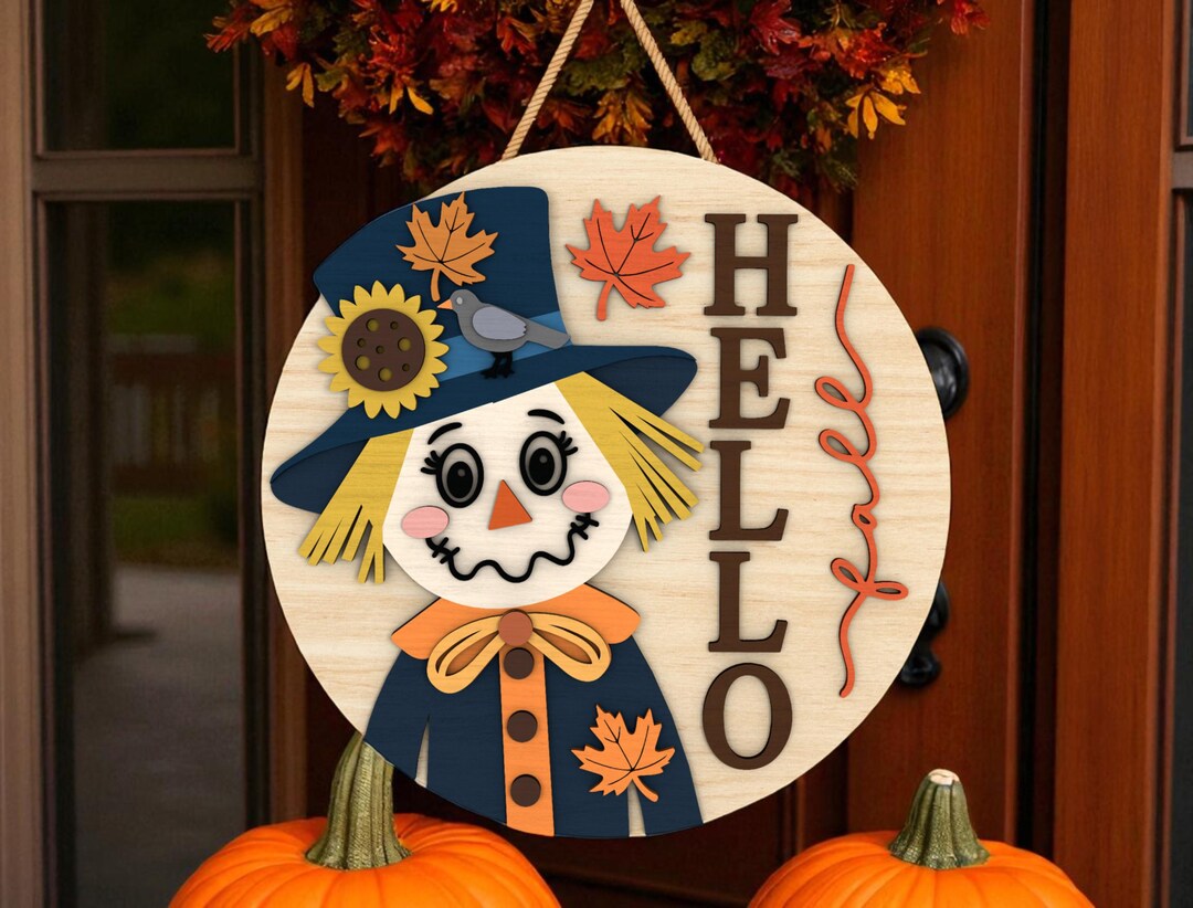 Scarecrow Hello Sign Svg, Fall Door Hanger Svg, Autumn Porch Decoration ...