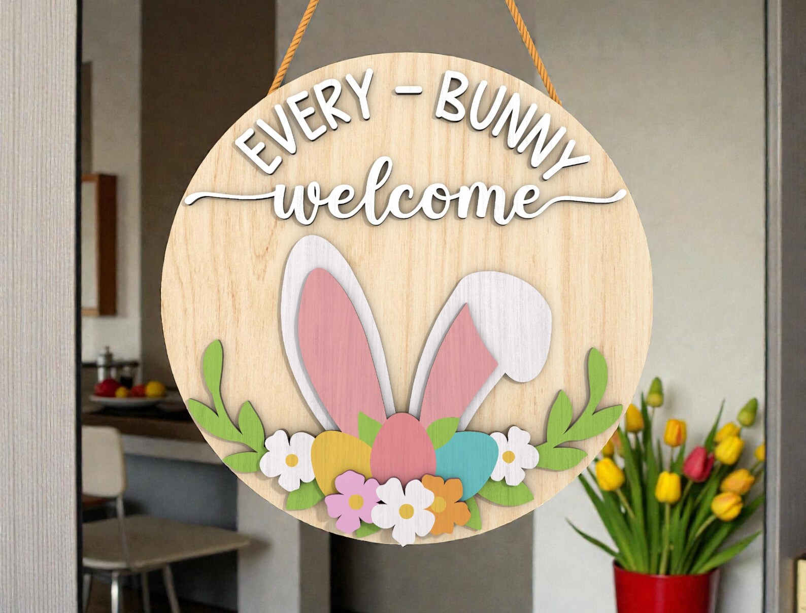 Everybunny Welcome Door Hanger SVG, Easter Bunny Ears Sign, 3D Layered ...