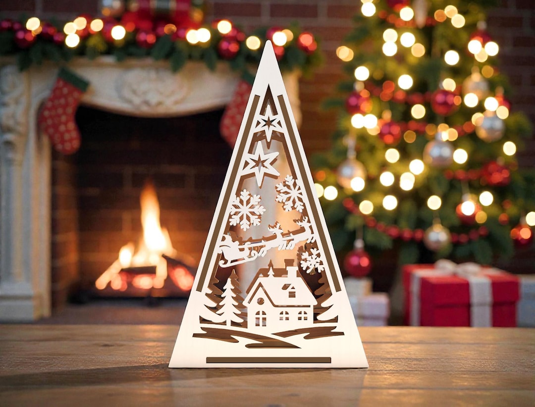 Christmas Santa Tree Lantern SVG, 3D Layered Triangle Light Box, Winter ...