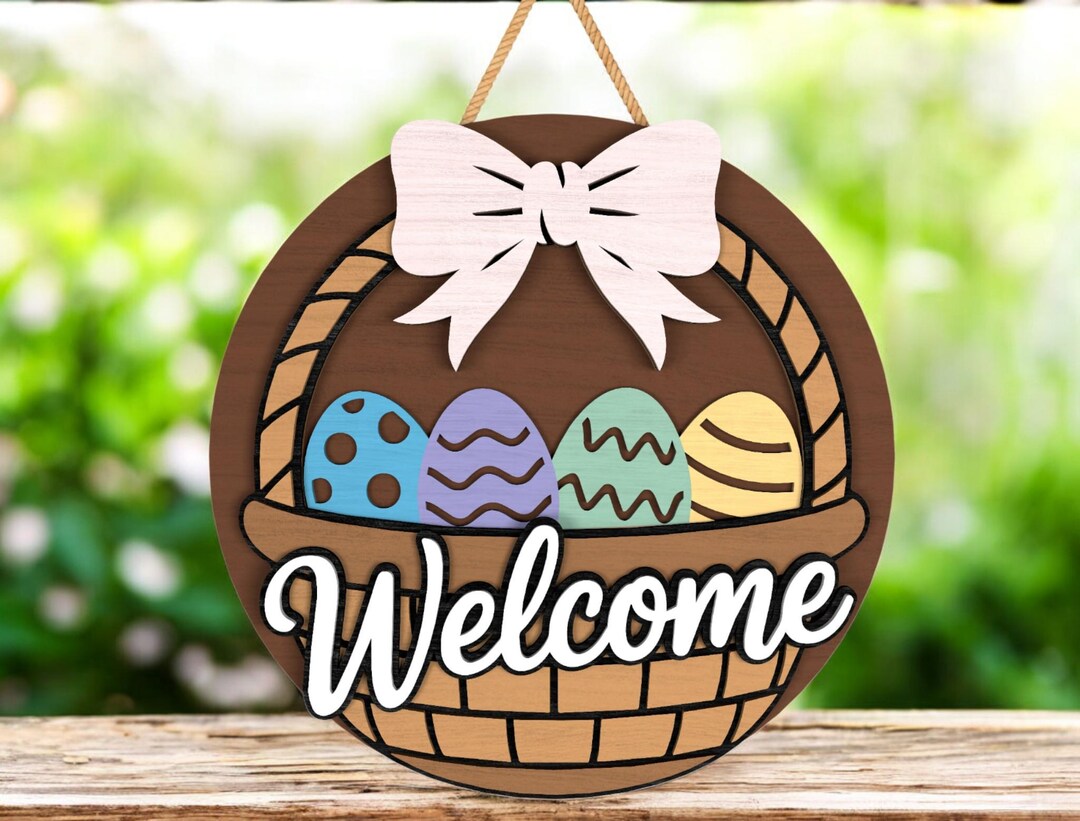 Welcome Easter SVG, Easter Basket Round Sign Svg, Bunny Egg Door Hanger ...