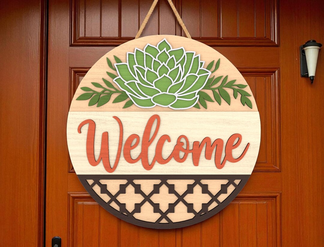 Succulent Welcome Sign Svg,layered Round Door Hanger Cut File Svg ...
