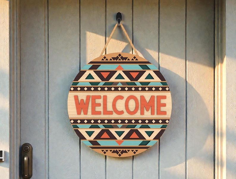 Welcome SVG Door Hanger, Southwestern Round Welcome Sign Laser Cut File ...