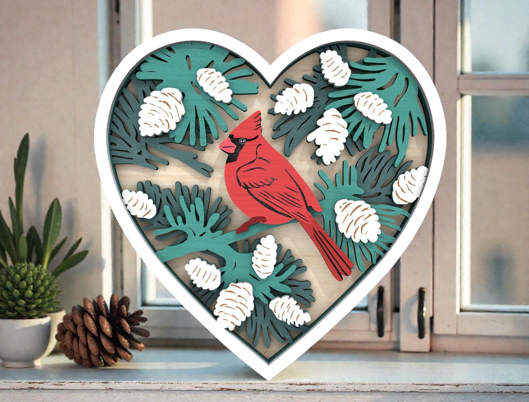 Cardinal Heart Layered Wood Laser Cut File SVG, Winter Bird Wall Art ...