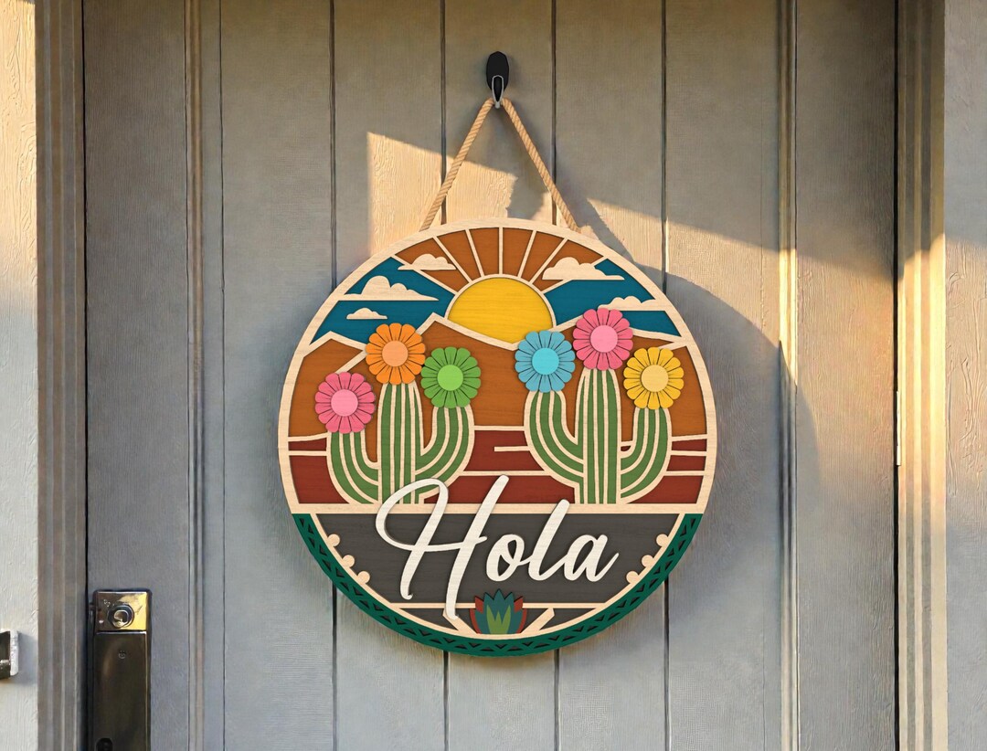 Hola Door Hanger Laser Cutt File Svg, Cactus Flower Round Sign ...
