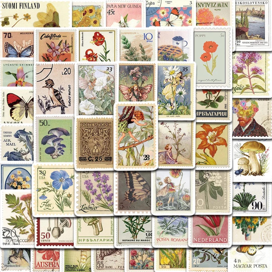 50 Stamp Stickers, Assorted Self Adhesive Waterproof Stickers, Vintage ...