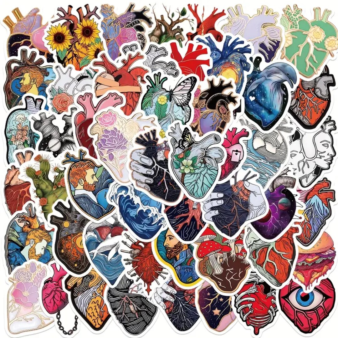 50 Human Heart Stickers, Assorted Self Adhesive Waterproof Stickers ...