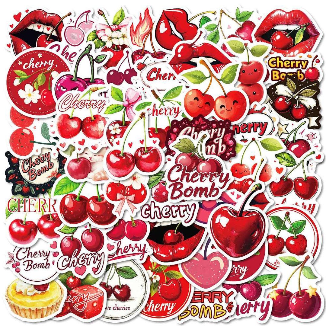 50 Cherry Stickers, Assorted Self Adhesive Waterproof Stickers, Dark ...