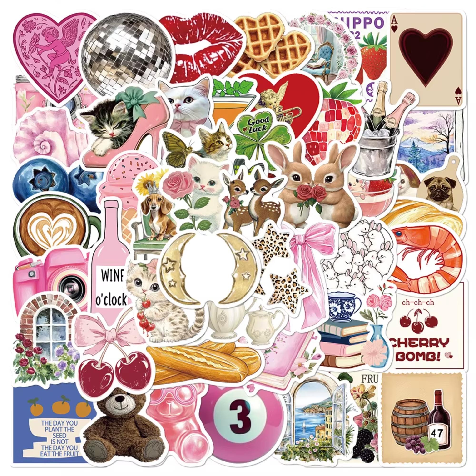 50 Aesthetic Stickers, Assorted Self Adhesive Waterproof Stickers, Pink ...