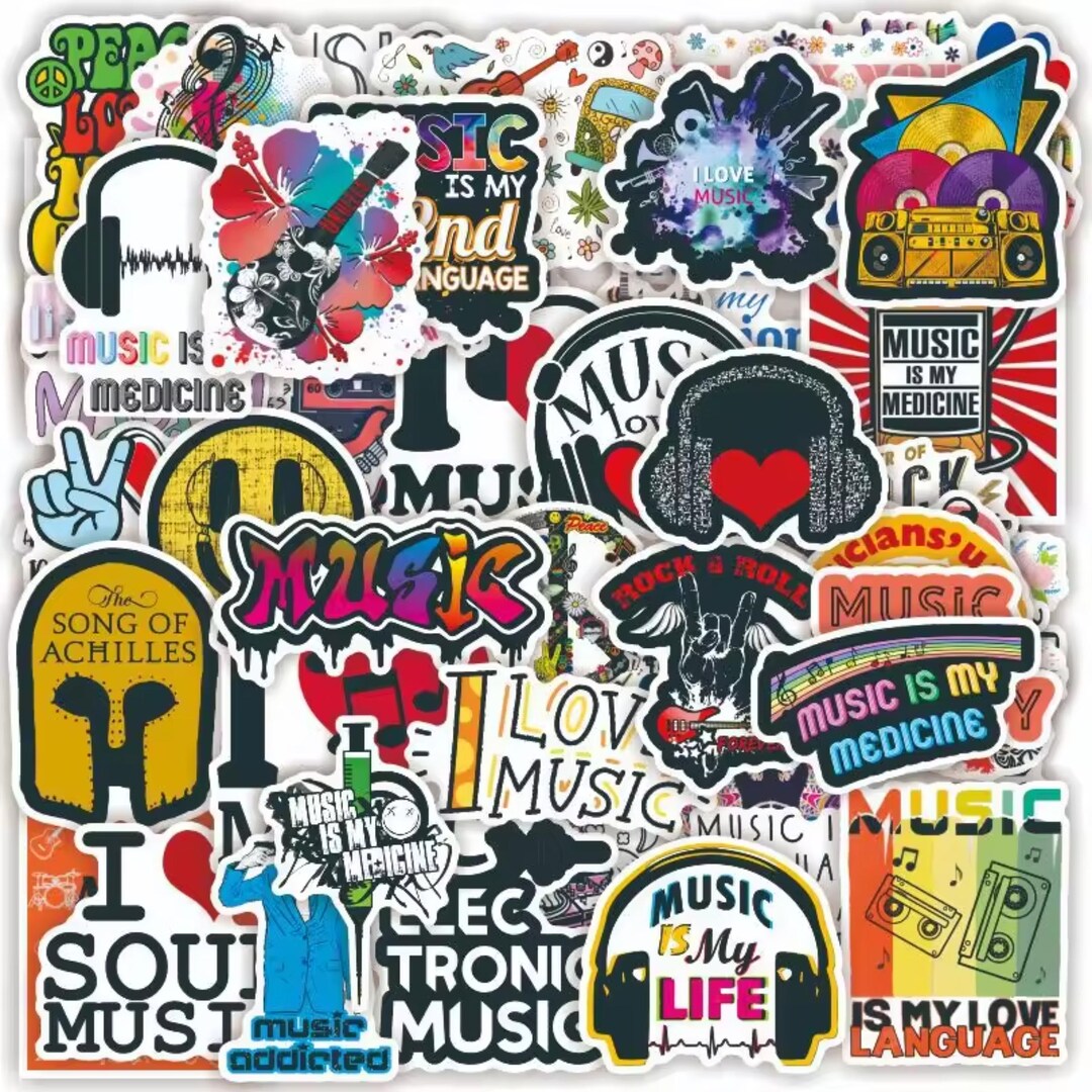 50 Music Stickers, Assorted Self Adhesive Waterproof Stickers, I Love ...