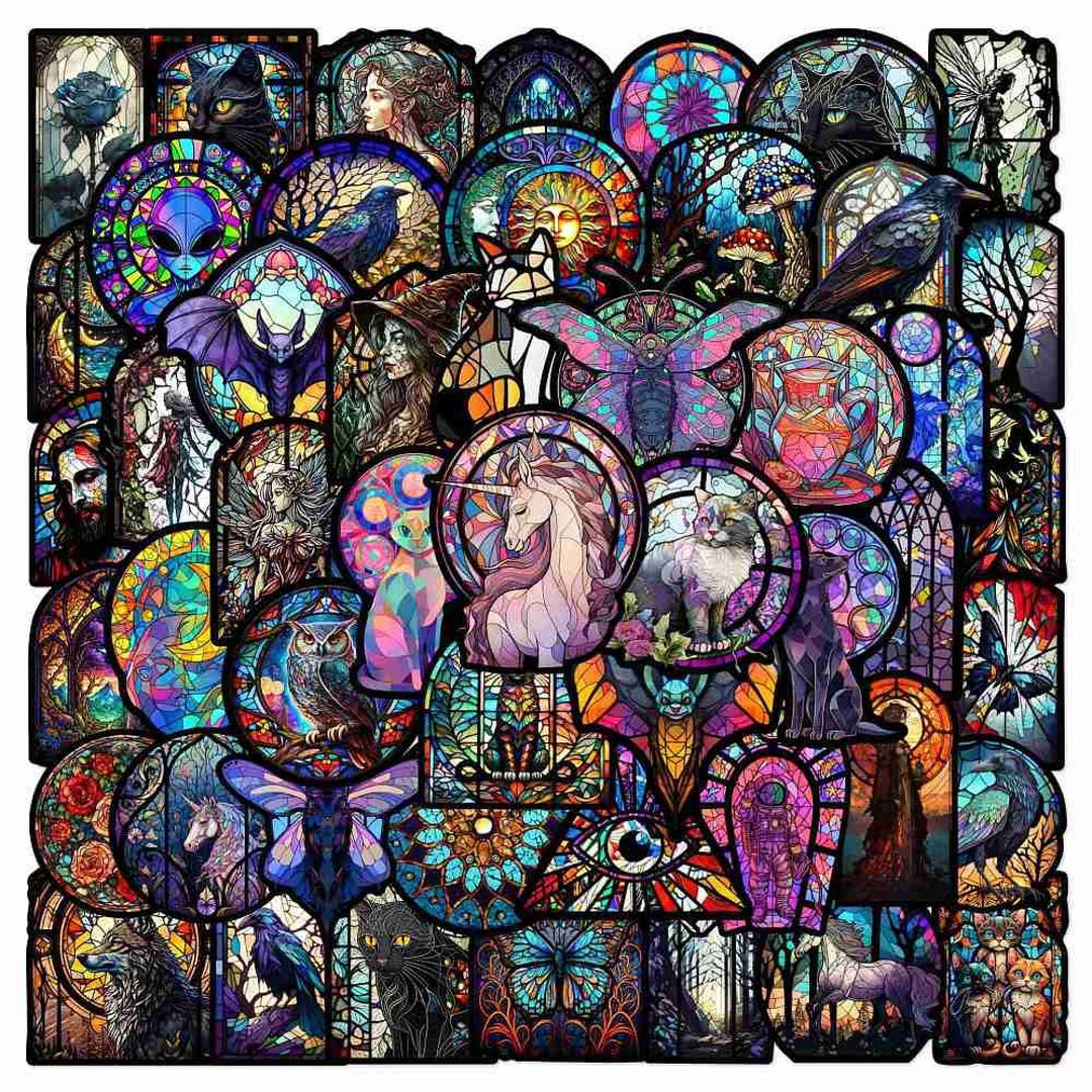 50 Stained Glass Stickers, Assorted Self Adhesive Waterproof Stickers ...