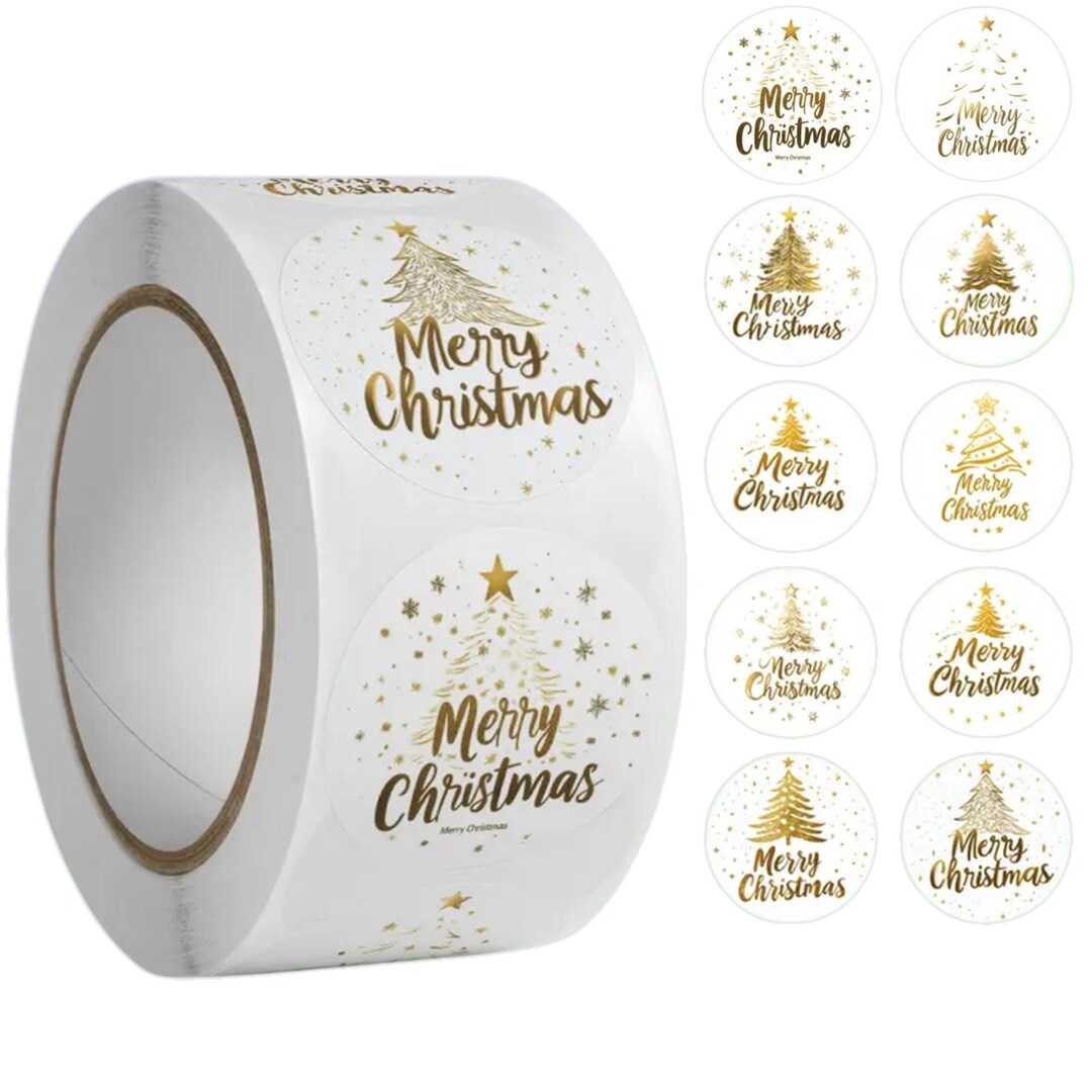 Roll / Strips of Merry Christmas Tree Stickers 1" / 25mm White & Gold ...