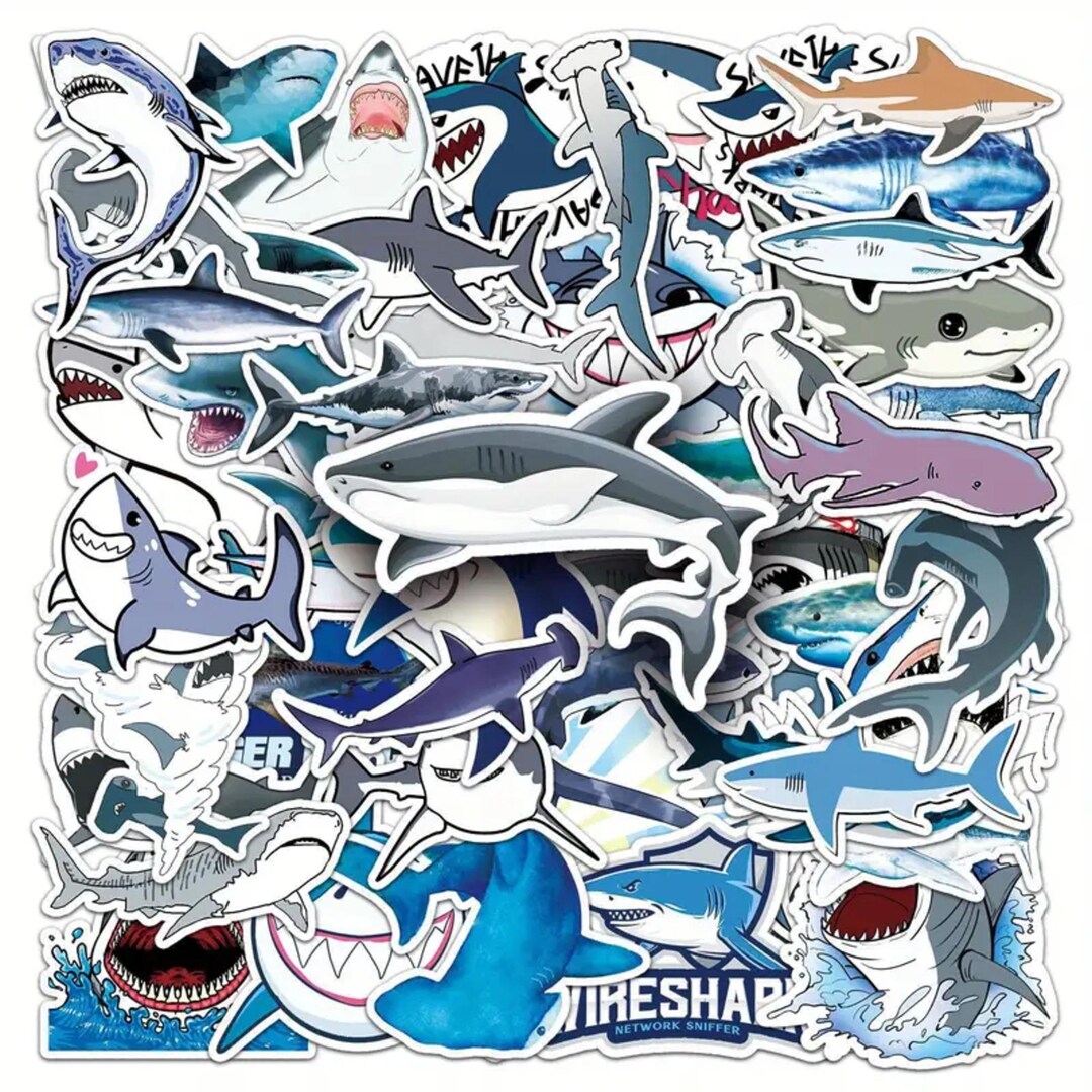 50 Shark Stickers, Assorted Self Adhesive Waterproof Stickers, Funny ...
