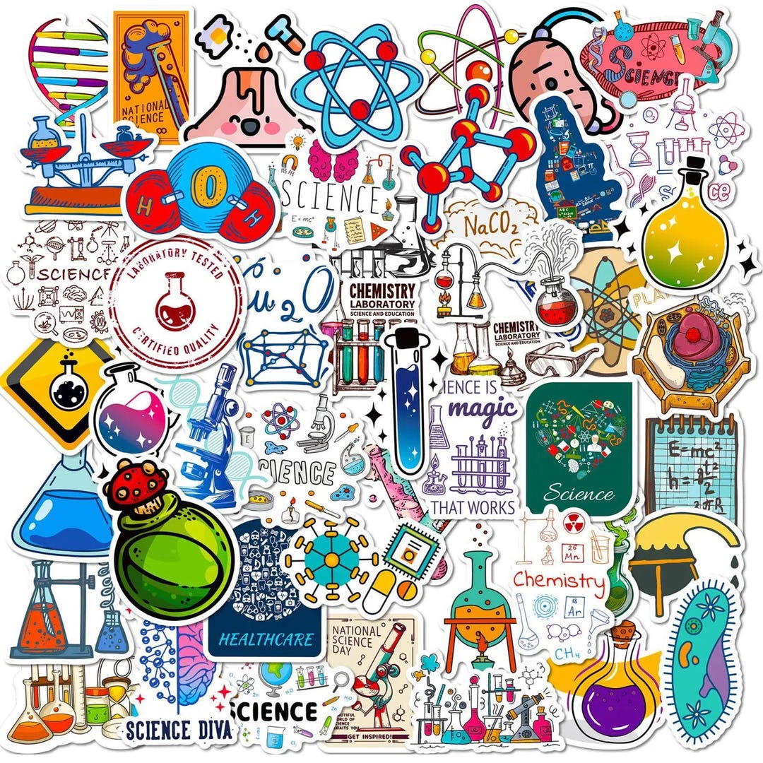 50 Science Stickers, Assorted Self Adhesive Waterproof Stickers ...