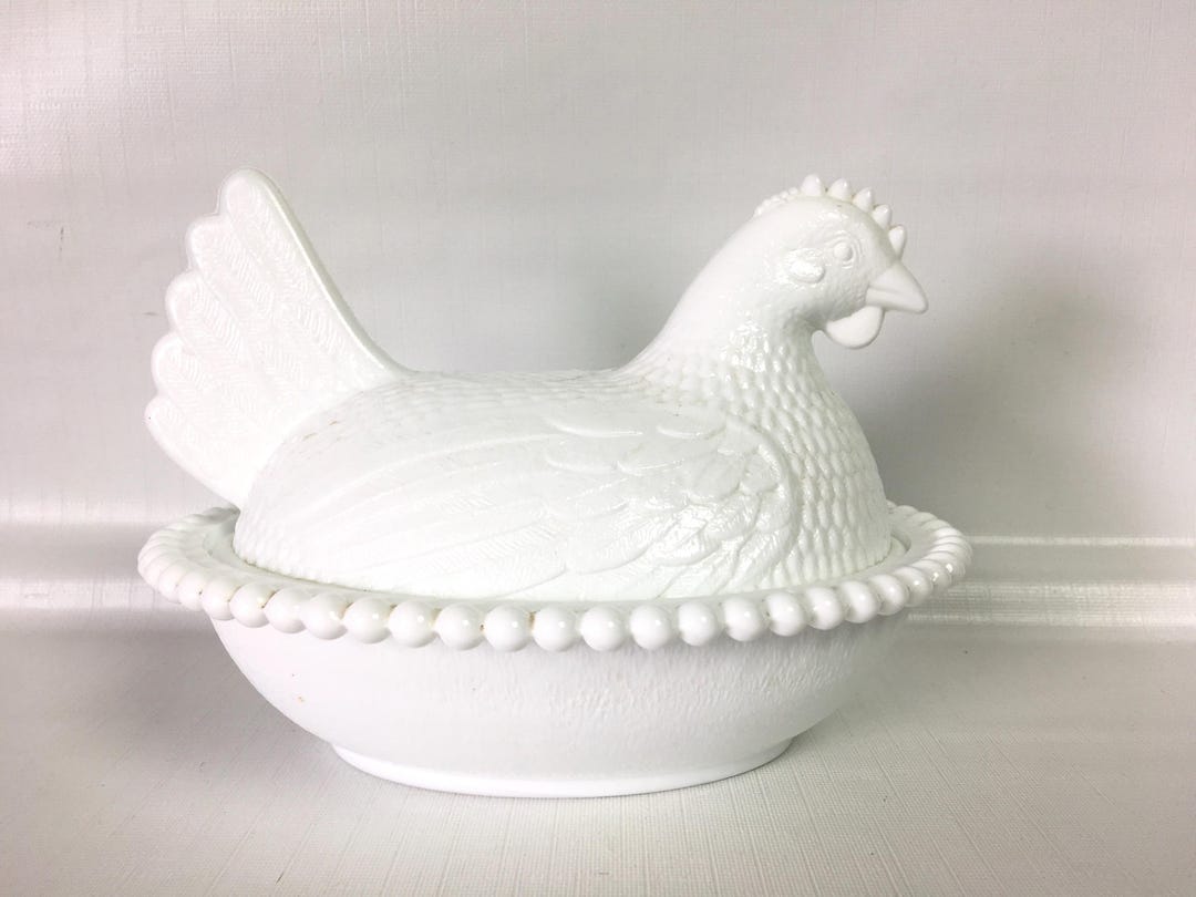 Vintage White Glass Hen on Nest Covered Candy Dish Nuts Collectible ...