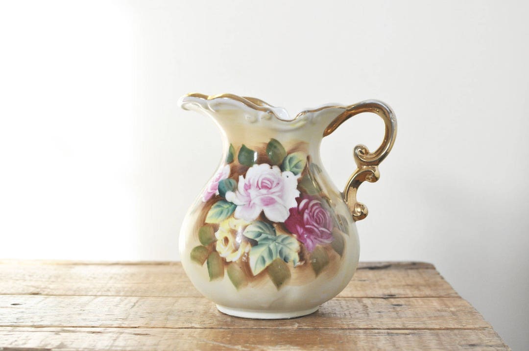 Vintage Floral Pitcher Hand Painted China Enesco Home Decor Display ...