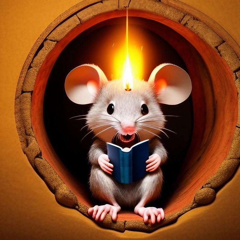 Cute Mouse Reading a Book in a Mouse Hole Sticker, Mouse Sticker Art ...