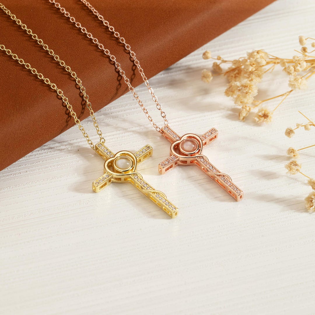 Custom Cross Projection Necklace, Photo Projection Necklace, Memorial ...