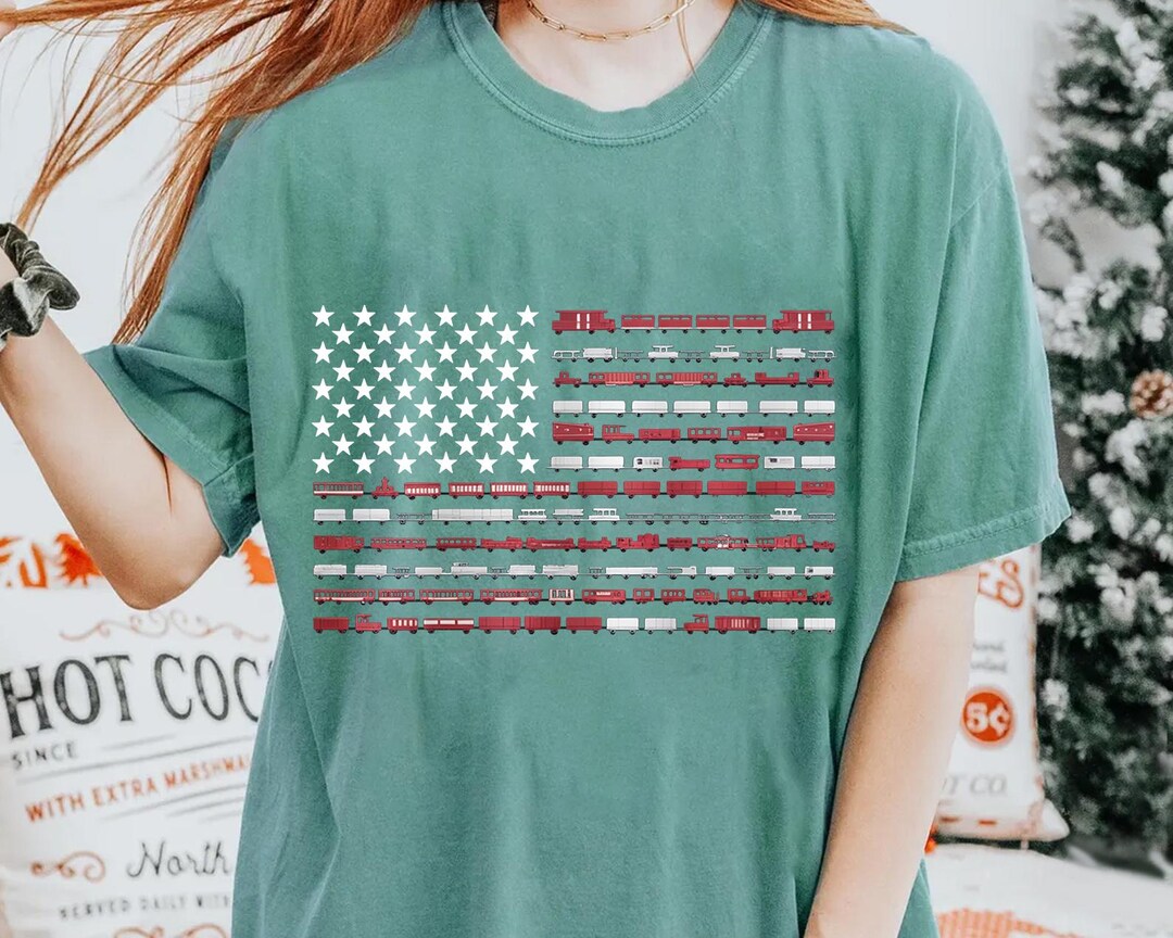 Train American Flag Shirt, Railroad Flag Tee, Railfan Gift, Locomotive ...