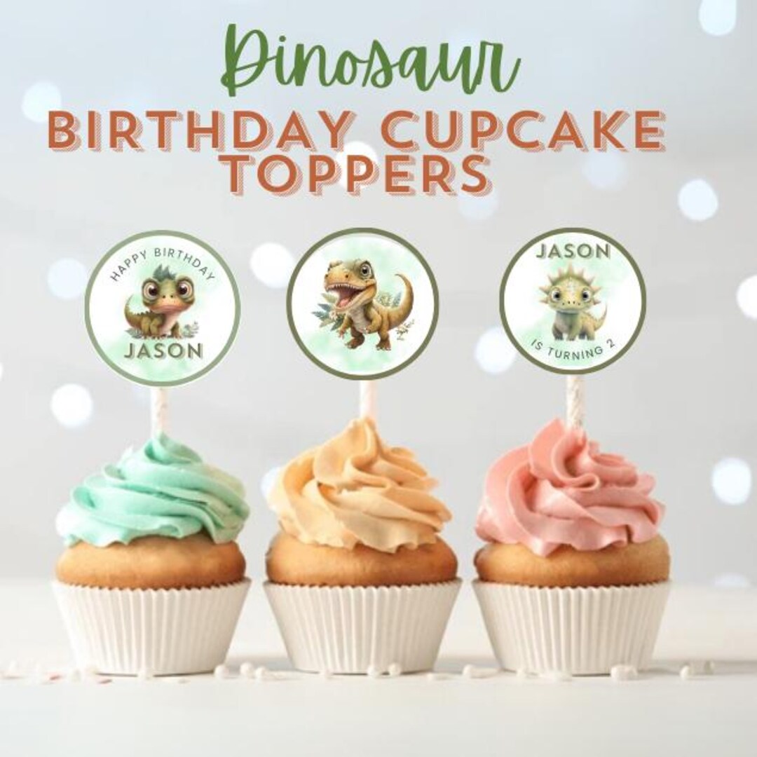 Dinosaur Cupcake Toppers Printable, Editable Boys Birthday Party Decor ...