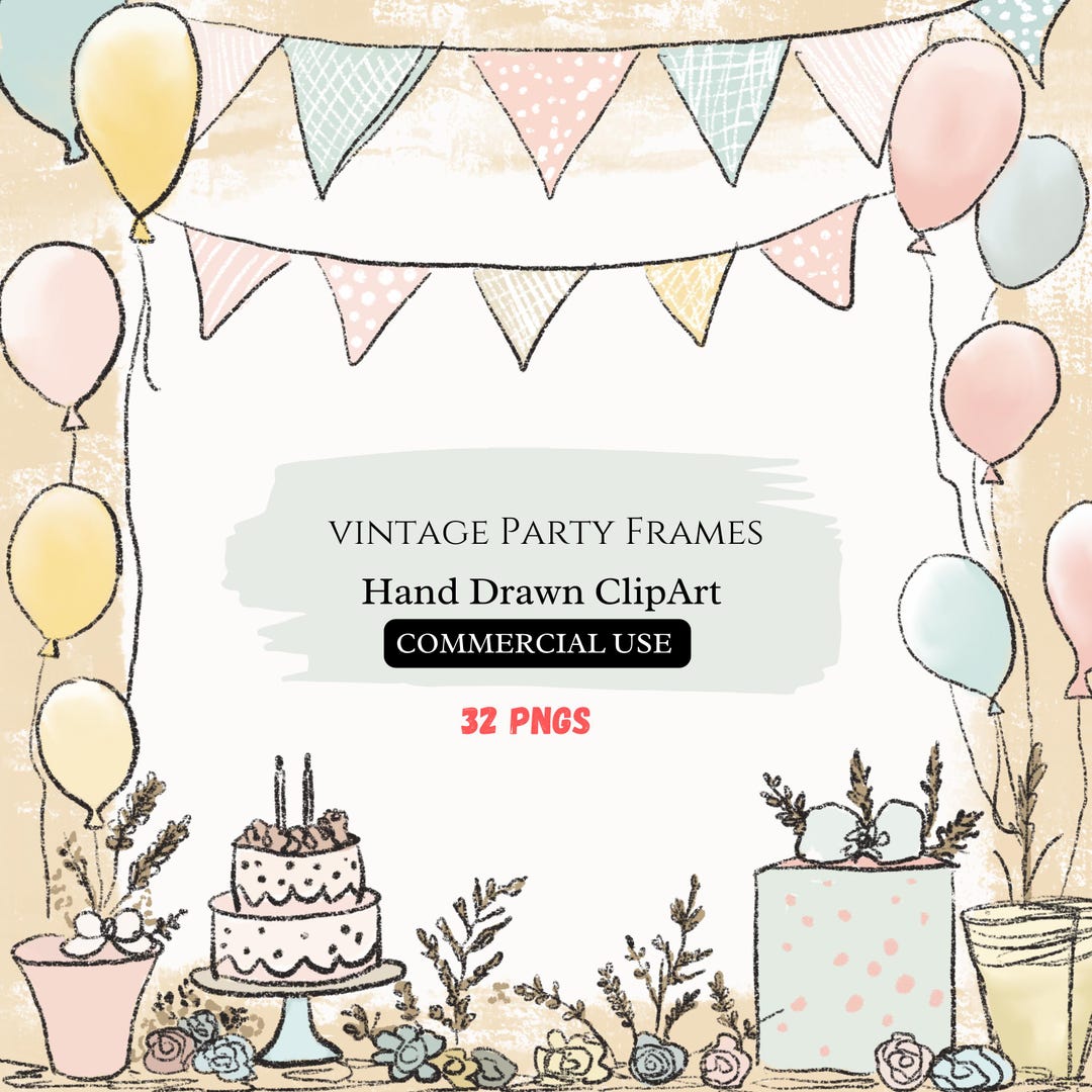 Hand Drawn Vintage Pastel BIRTHDAY Frames Clipart, Doodle Party Frames ...