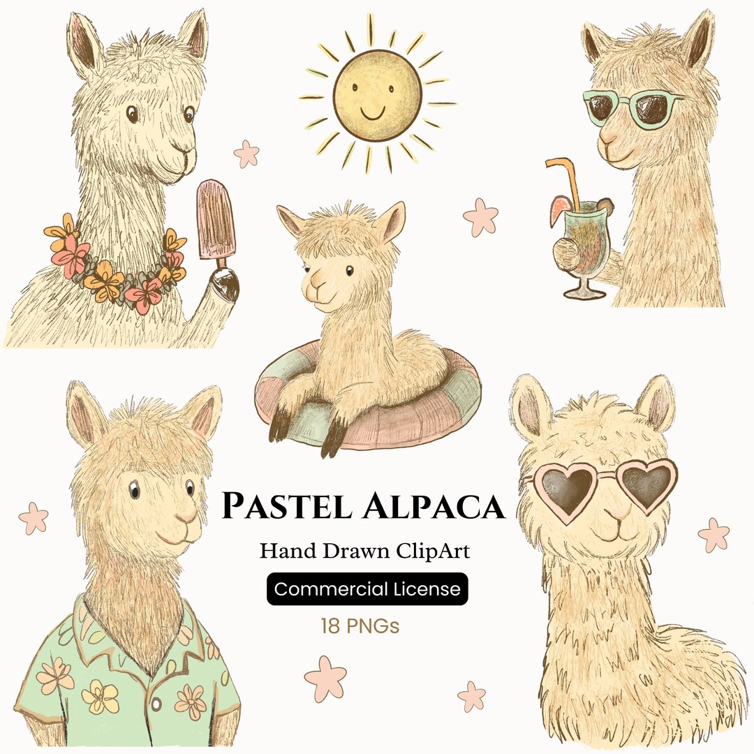 Hand Drawn Alpaca Clipart, Cute Summer Llama Pngs, Vintage Pastel Style ...