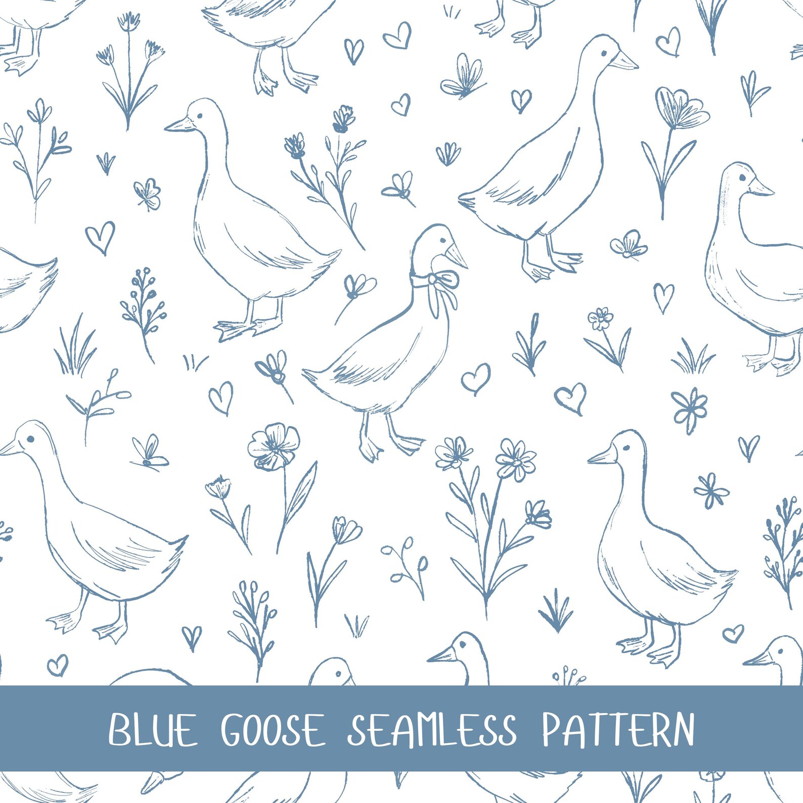 Blue Goose Seamless Pattern PNG, Hand Drawn Goose Digital Paper, Farm ...