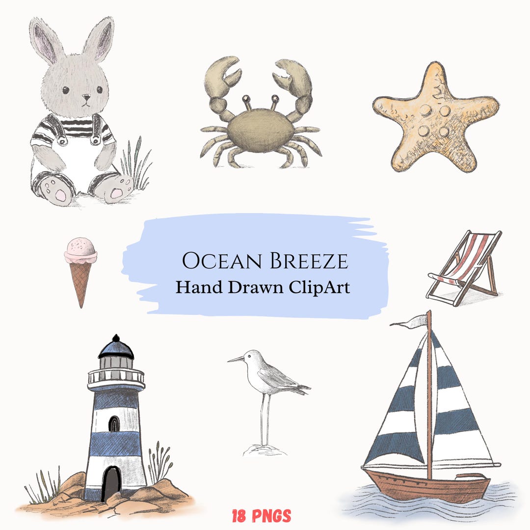 Watercolour Summer Clipart PNG Set, Coastal Clipart, Hand Drawn Beach ...